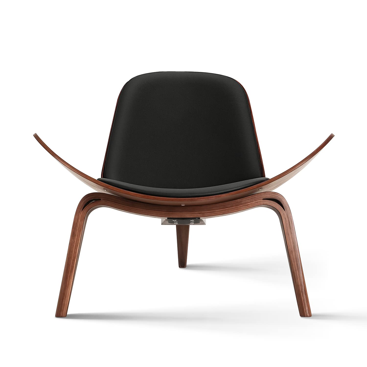 Furgle Mid Century Modern Chair Tripod Design Shell Chair with Black PU Leather Plywood Solid Wood Cute Accent Chair for Living Room, Reading Side Chair for Bedroom, Study, Office