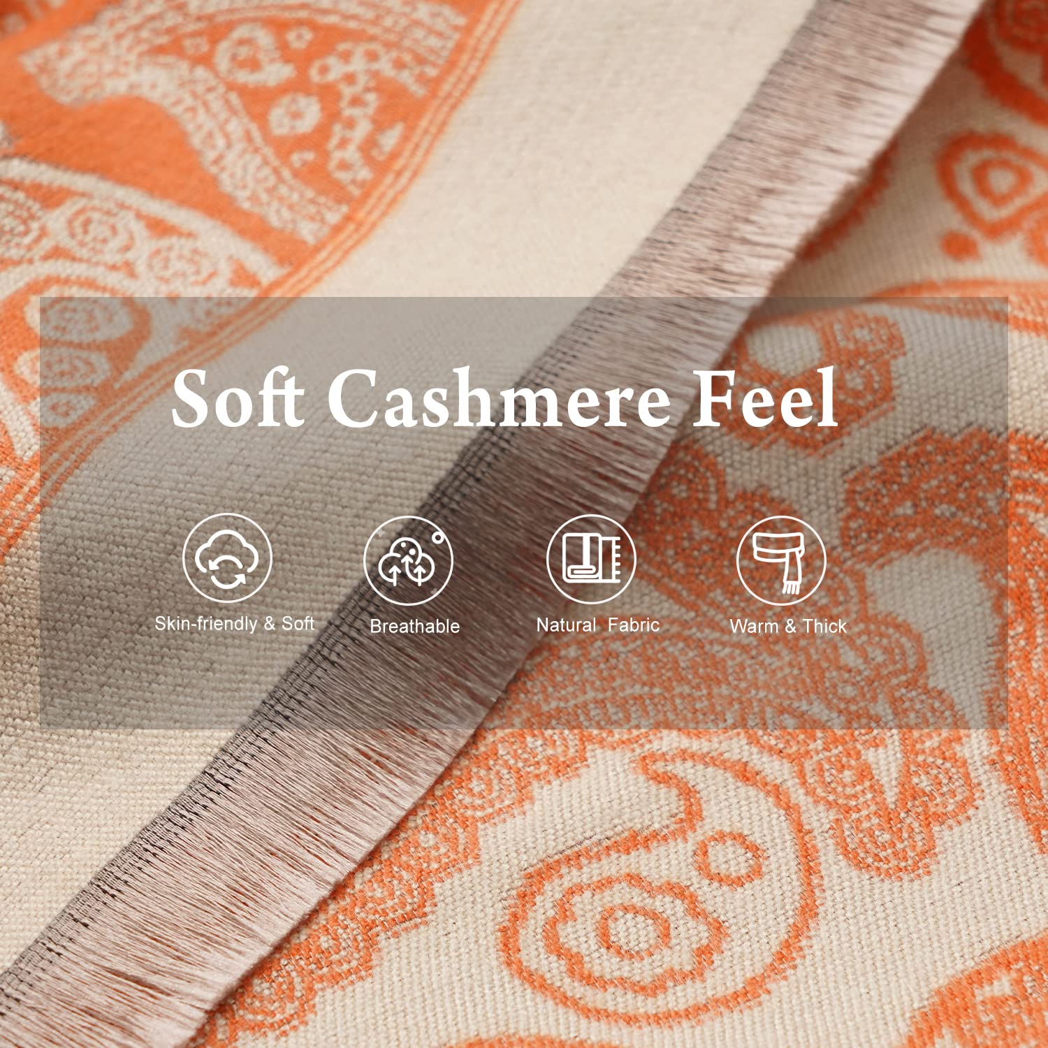 VANLINKER Soft Cashmere Feel Paisley Winter Scarf Womens Pashmina Shawls Wraps Warm Long Large Light Scarves Vintage Cozy Ethnic Poncho Orange Beige 180 * 65cm