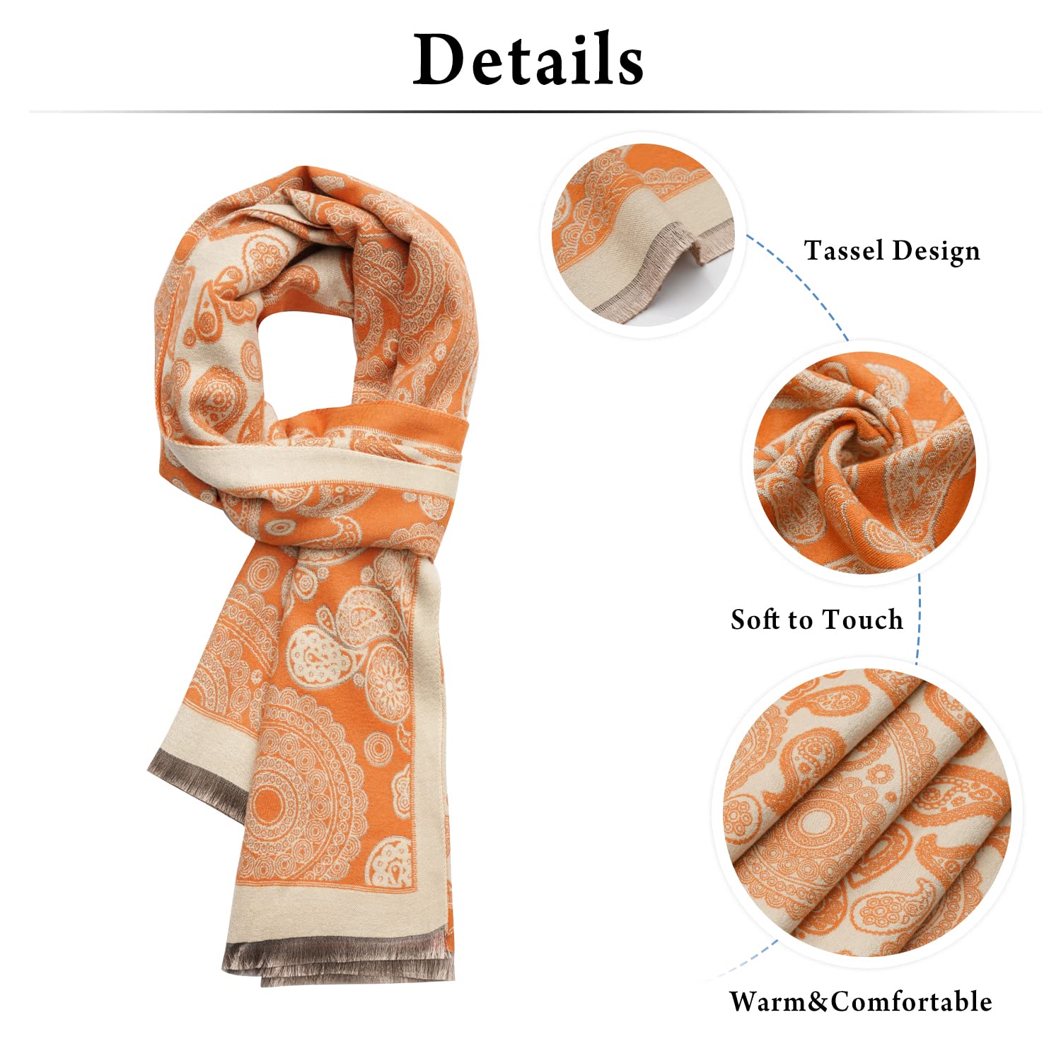 VANLINKER Soft Cashmere Feel Paisley Winter Scarf Womens Pashmina Shawls Wraps Warm Long Large Light Scarves Vintage Cozy Ethnic Poncho Orange Beige 180 * 65cm