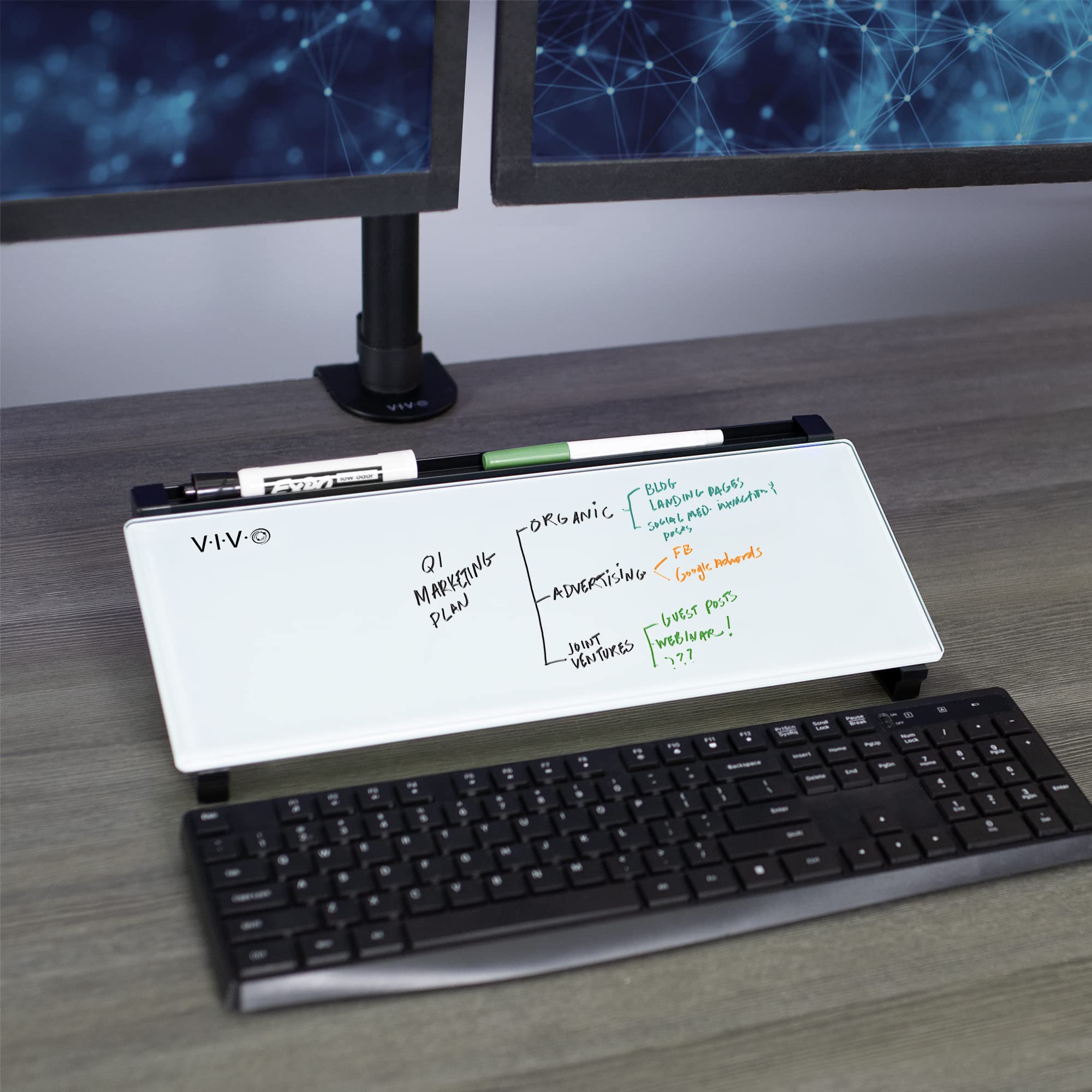 VIVO Glass 16 x 7 inch Desktop Whiteboard with Marker Slot and Open Storage, Dry Erase Non-Streak White Surface, Black Frame, DESK-WB16D