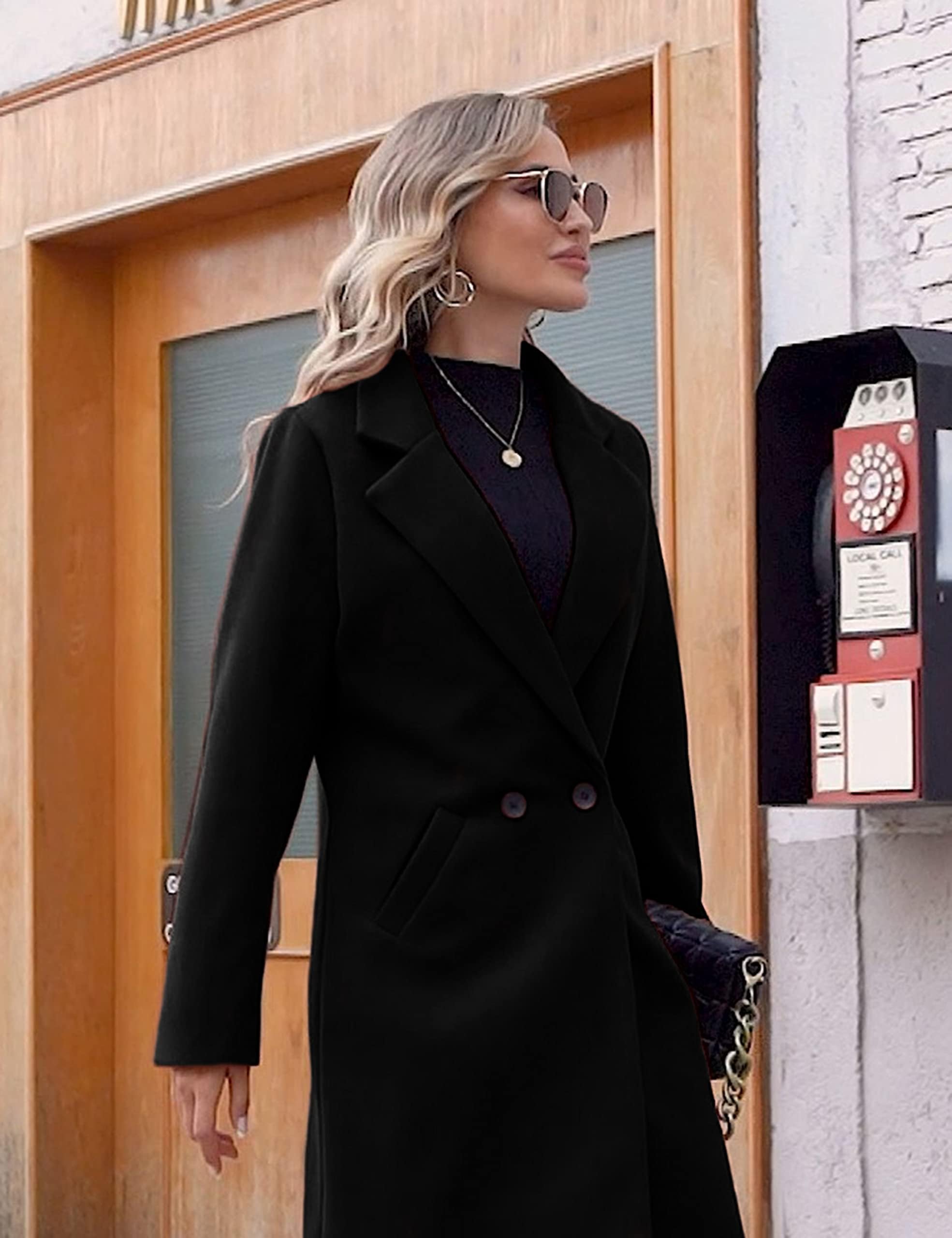 Hooever Women's Winter Wool Coat Casual Notch Lapel Single-Breasted Peacoat(Black-M)