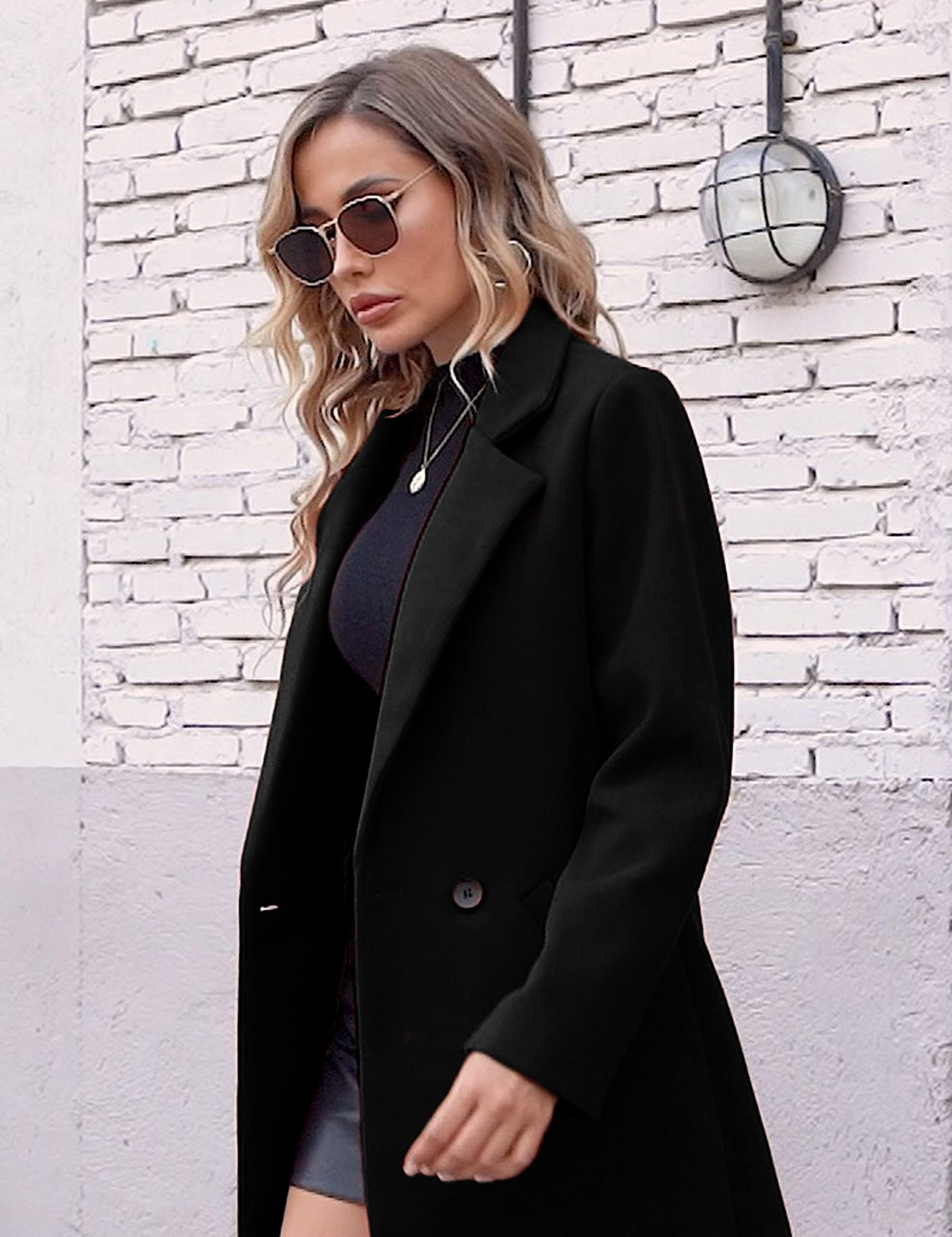 Hooever Women's Winter Wool Coat Casual Notch Lapel Single-Breasted Peacoat(Black-M)