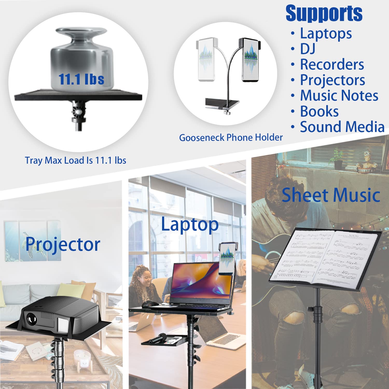 Projector Stand Tripod Adjustable Height, with Wheels, 2 Shelves, Mouse Tray Laptop Tripod, Outdoor Projector Stand for Backyard, Studio