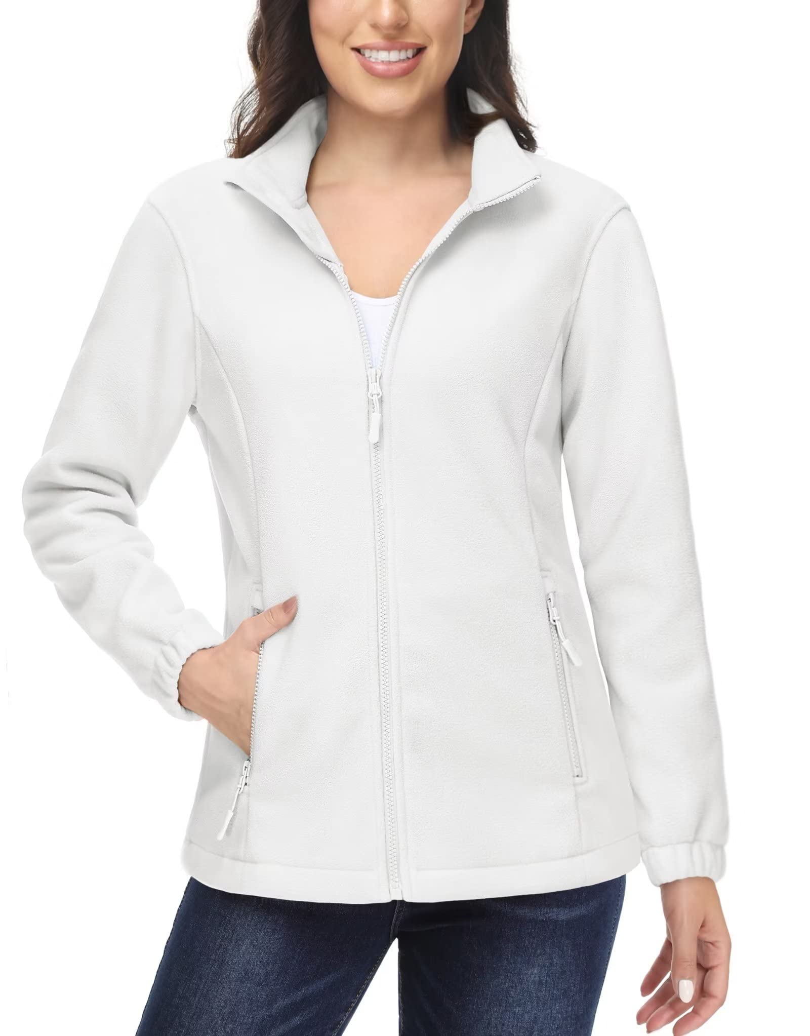 MAGCOMSEN White Fleece Jacket for Women Lightweight Full Zip Coats Soft Warm Polar Fleece for Winter, M