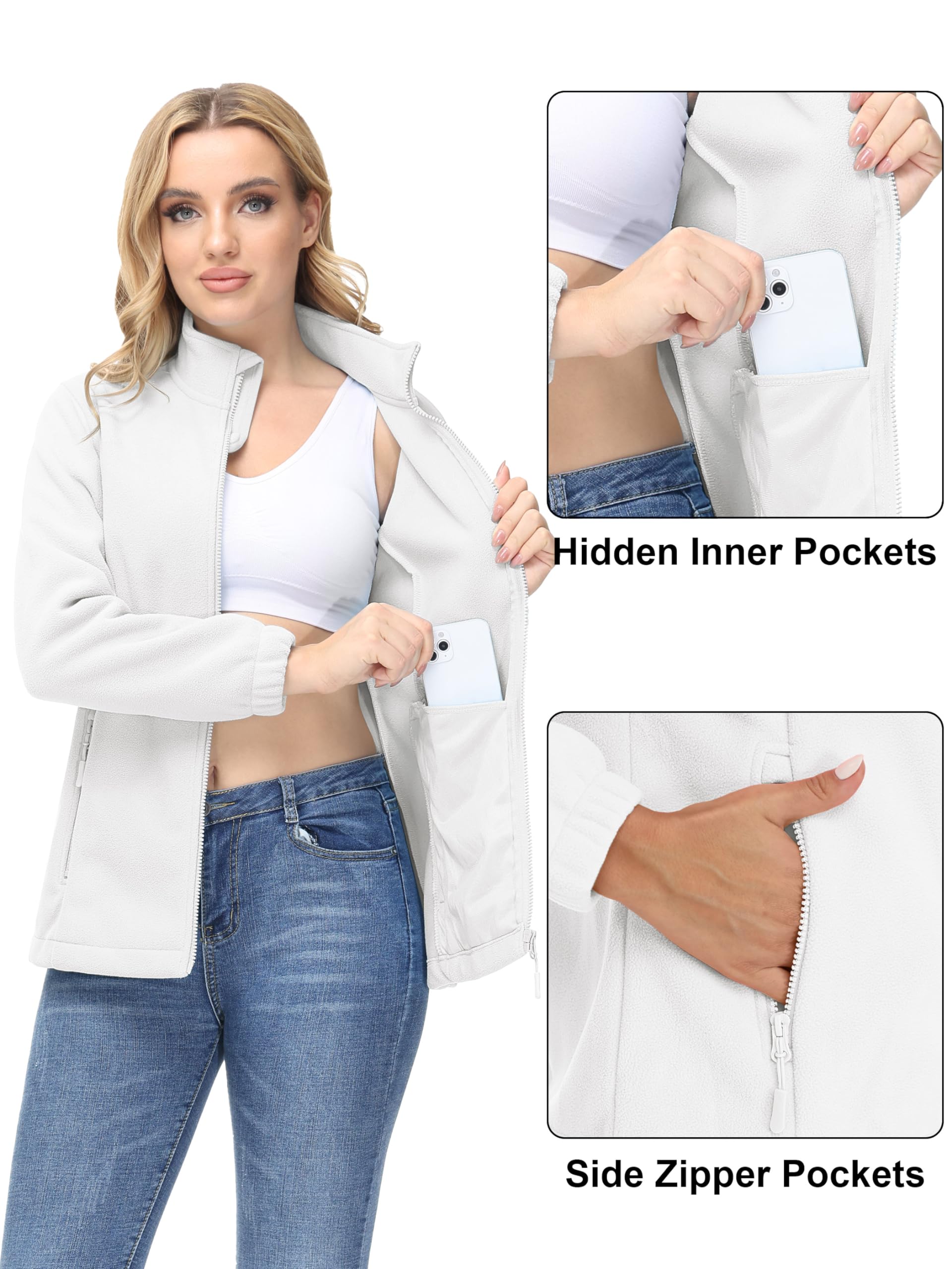 MAGCOMSEN White Fleece Jacket for Women Lightweight Full Zip Coats Soft Warm Polar Fleece for Winter, M