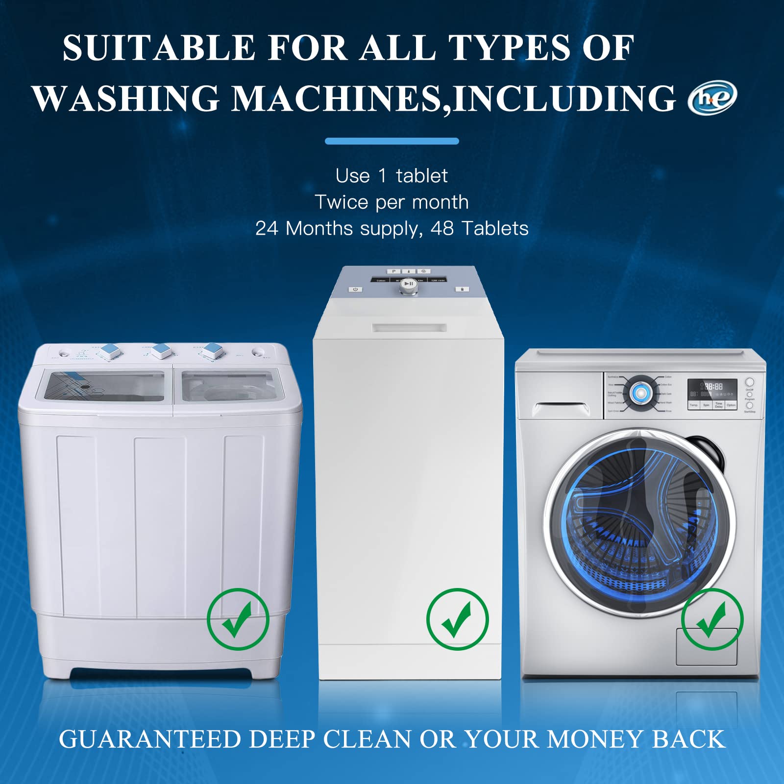 ORTUBE 48 Pack Washing Machine Cleaner - Deep Cleaning Formula Tablets for Front and Top Loader Washer Machines