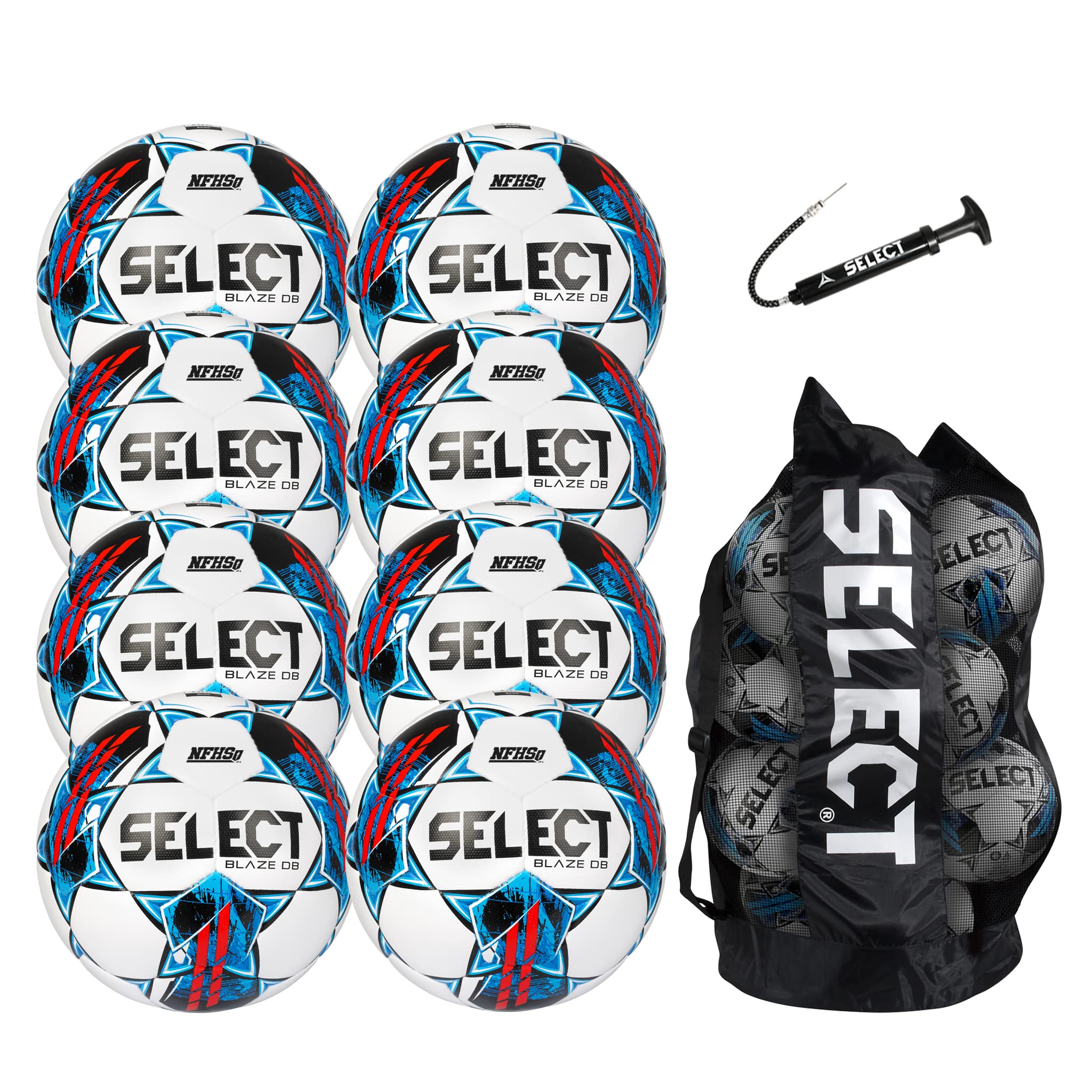 Select Blaze DB V22 Soccer Ball, 8-Ball Pack with Duffle Ball Bag and Hand Pump, White/Red/Blue, Size 5