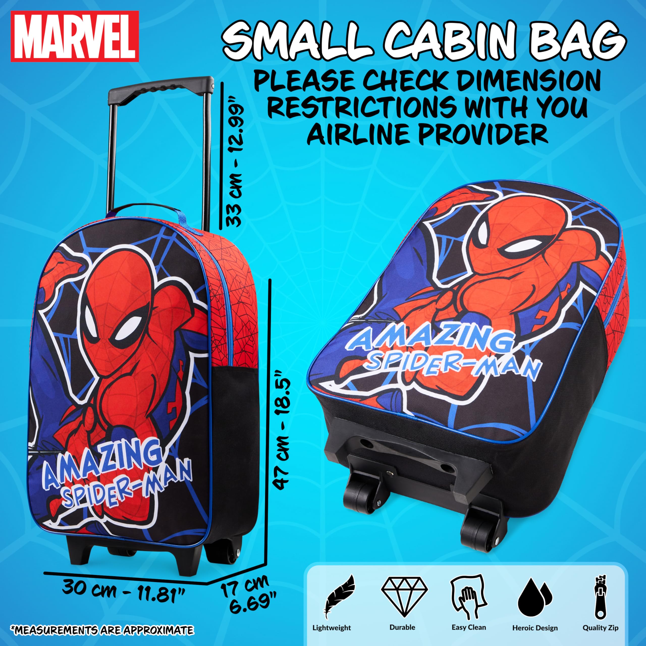 Marvel Kids Suitcase for Boys Foldable Trolley Hand Luggage Bag Carry On Avengers Travel Bag with Wheels Cabin Bag Wheeled Bag with Handle Spiderman Trolley Suitcase Boys (Multicolor Spiderman)