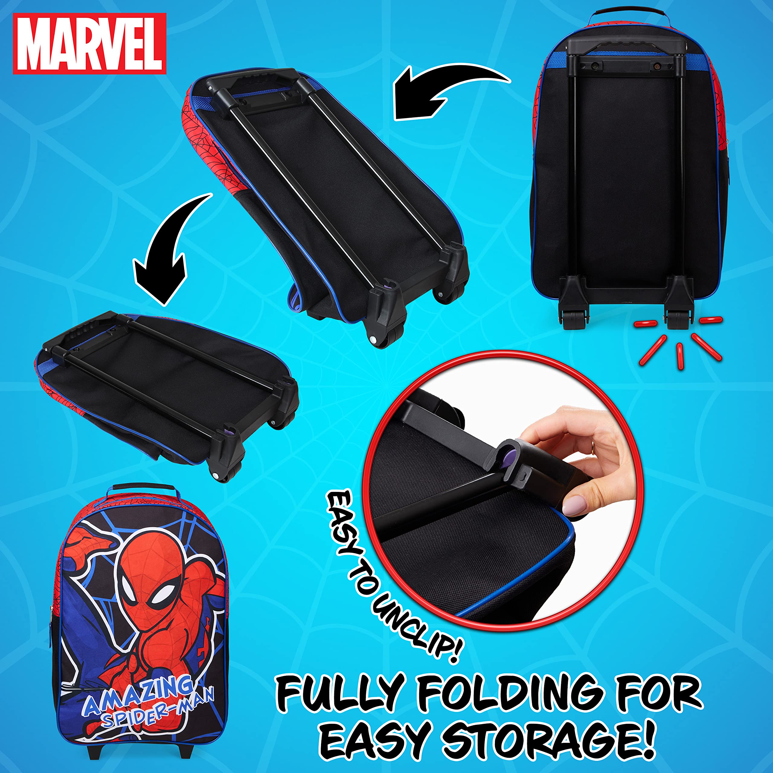 Marvel Kids Suitcase for Boys Foldable Trolley Hand Luggage Bag Carry On Avengers Travel Bag with Wheels Cabin Bag Wheeled Bag with Handle Spiderman Trolley Suitcase Boys (Multicolor Spiderman)