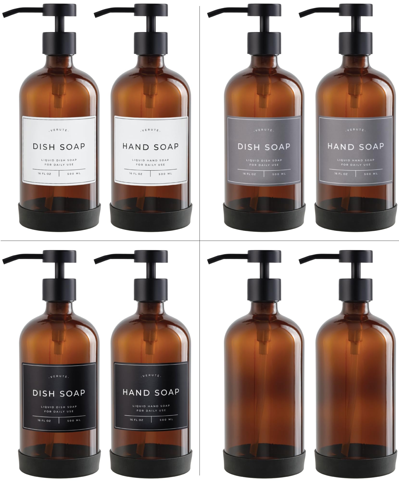 Verute 16oz Glass Soap Dispenser with Stainless Steel Pump, 21 Waterproof Labels, Non-Slip Protective Silicone Pad, Set of 2 for Bathroom & Kitchen (Amber Bottle/Black Pump)