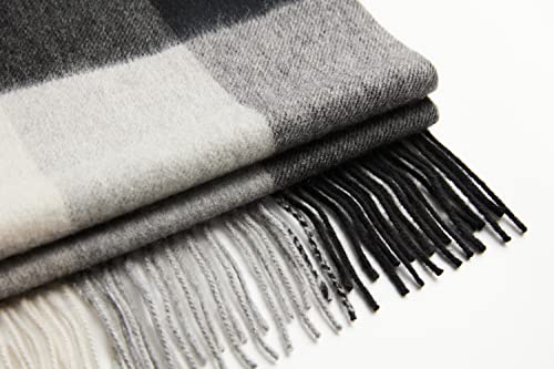 EURKEA Cashmere Wool Long 2024 Plaid Tartan Winter Scarf for Women, Warm & Soft & Cozy, Gift Ready, Grey & Black