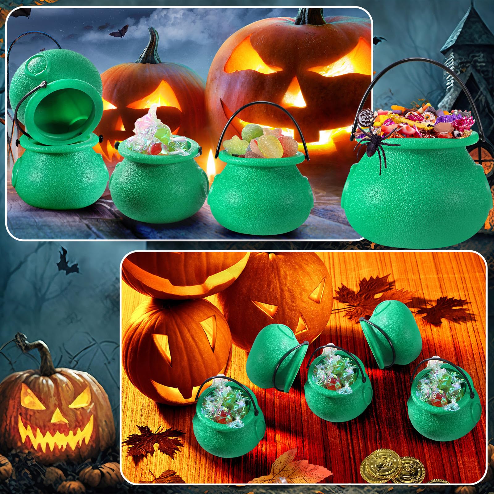 Plastic Cauldron Mini Witches Cauldron with Handle Halloween Candy Bucket Small Pot Decorations Candy Kettles for St patrick Day Halloween Party(Green,40 Pcs)