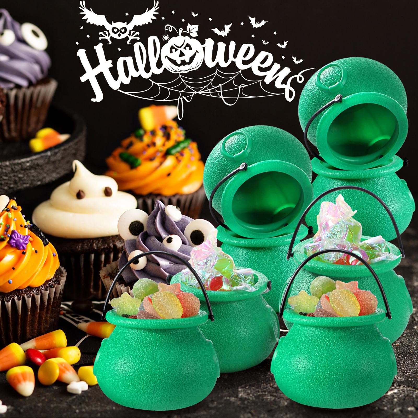 Plastic Cauldron Mini Witches Cauldron with Handle Halloween Candy Bucket Small Pot Decorations Candy Kettles for St patrick Day Halloween Party(Green,40 Pcs)