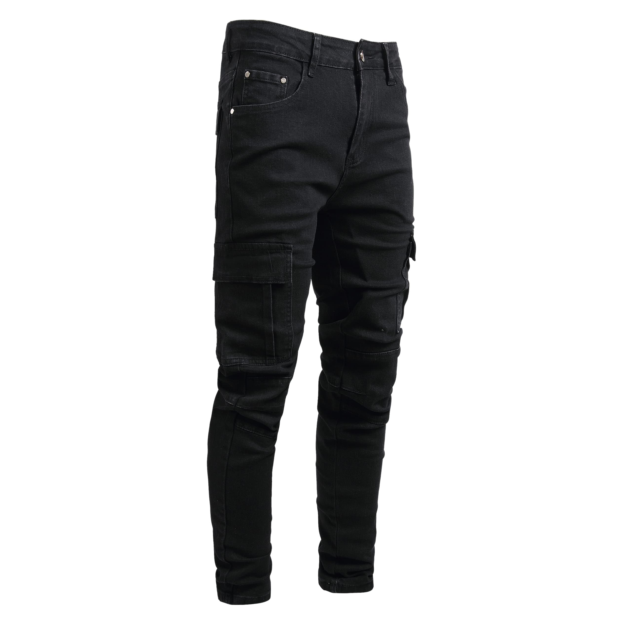 Men's Black Skinny Slim Fit Stretch Tapered Leg Jeans Fashion Stretchy Cargo Jeans Mens Casual Biker Hip Hop Denim Work Pants Jeans with Cargo Pockets