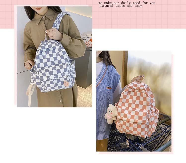 Kawaii Plaid Mini Backpack with Plush Bear Pendant for Girl Small Medium School Bag (Light Blue)