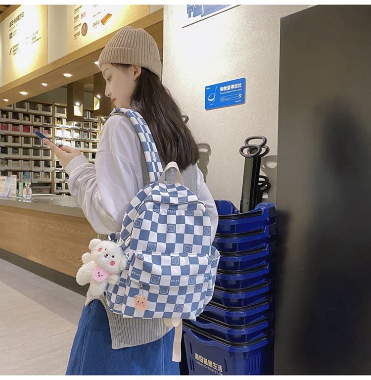 Kawaii Plaid Mini Backpack with Plush Bear Pendant for Girl Small Medium School Bag (Light Blue)