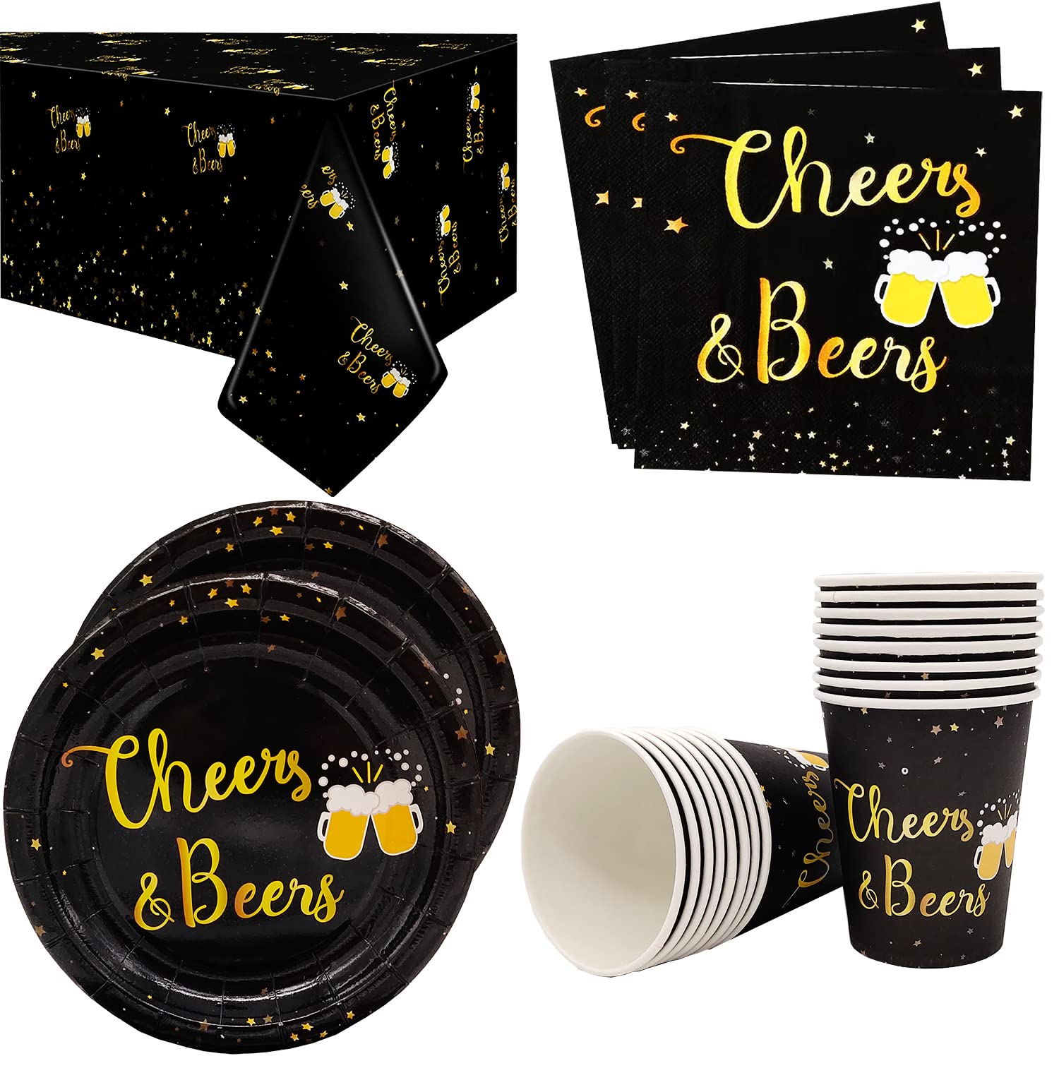 61Pcs Cheers Beer Party Supplies,Black and Gold Party Supplies Set (Plates,Napkins,Cups,Tablecloth)Cheers Beers and Beer Mugs Design,for 90th 80th 70th 60th 50th 40th 30th Cheers Party Decorations