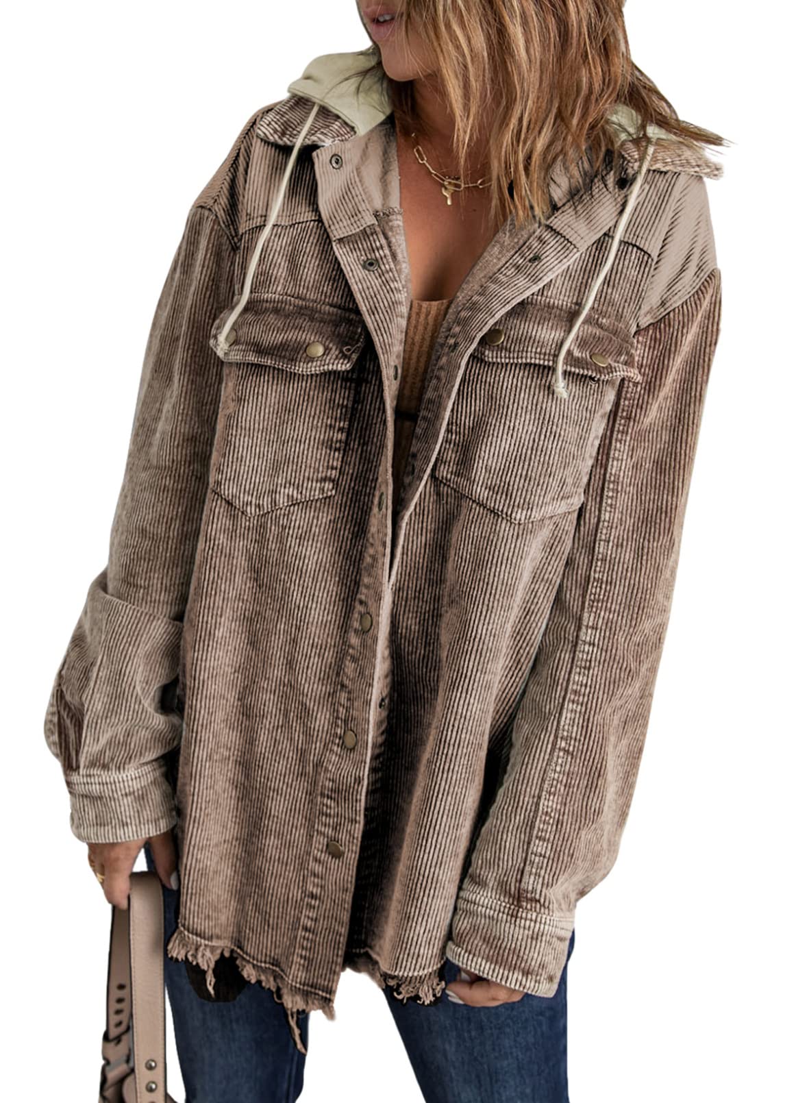 Dokotoo Womens Winter Fall 2024 Coats Long Sleeve Flannel Shirts Button Down Contrast Color Block Oversized Fashion Casual Hooded Corduroy Pocketed Shacket Jacket Women Brown Medium
