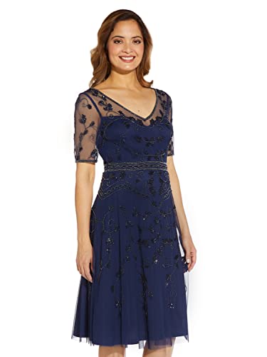 Adrianna Papell Women's Beaded MIDI Dress, Light Navy, 6