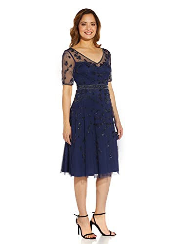 Adrianna Papell Women's Beaded MIDI Dress, Light Navy, 6