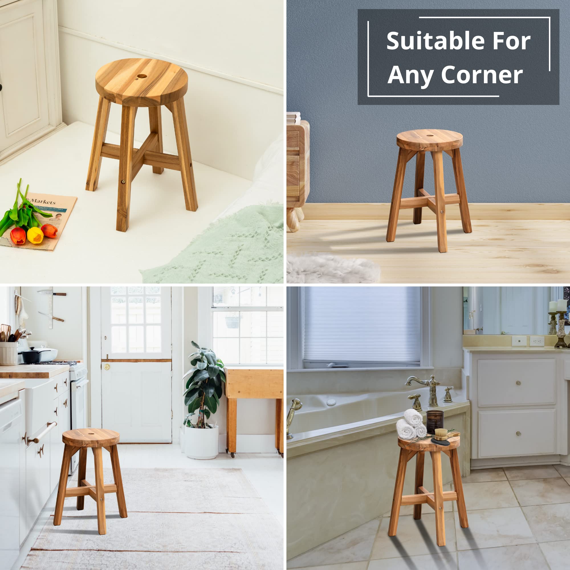 Acacia Wooden Stool Round Top Chairs. Sub-Stool for Kitchen Living Room. Strong Weight Capacity Upto 350 LBS, Natural Color