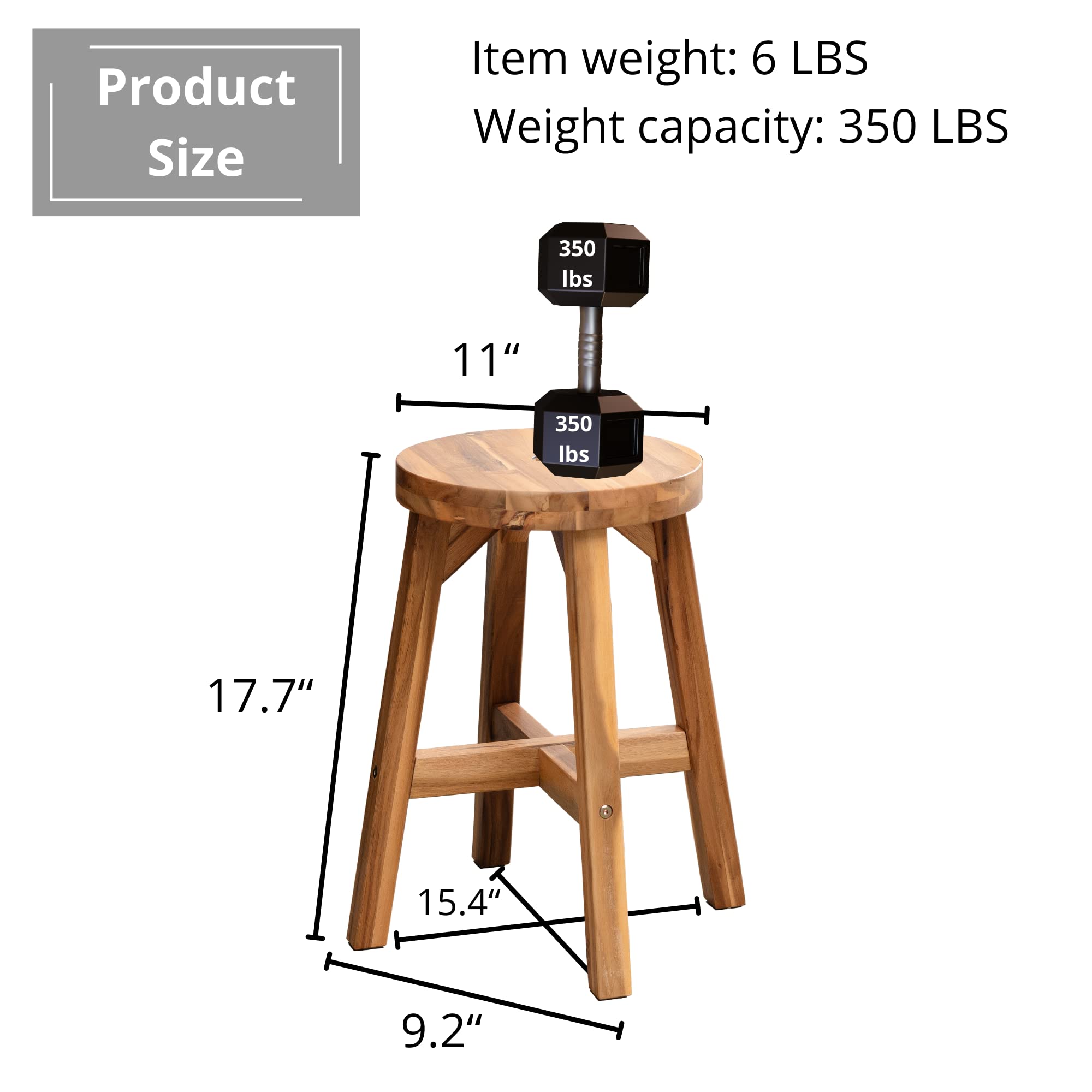 Acacia Wooden Stool Round Top Chairs. Sub-Stool for Kitchen Living Room. Strong Weight Capacity Upto 350 LBS, Natural Color