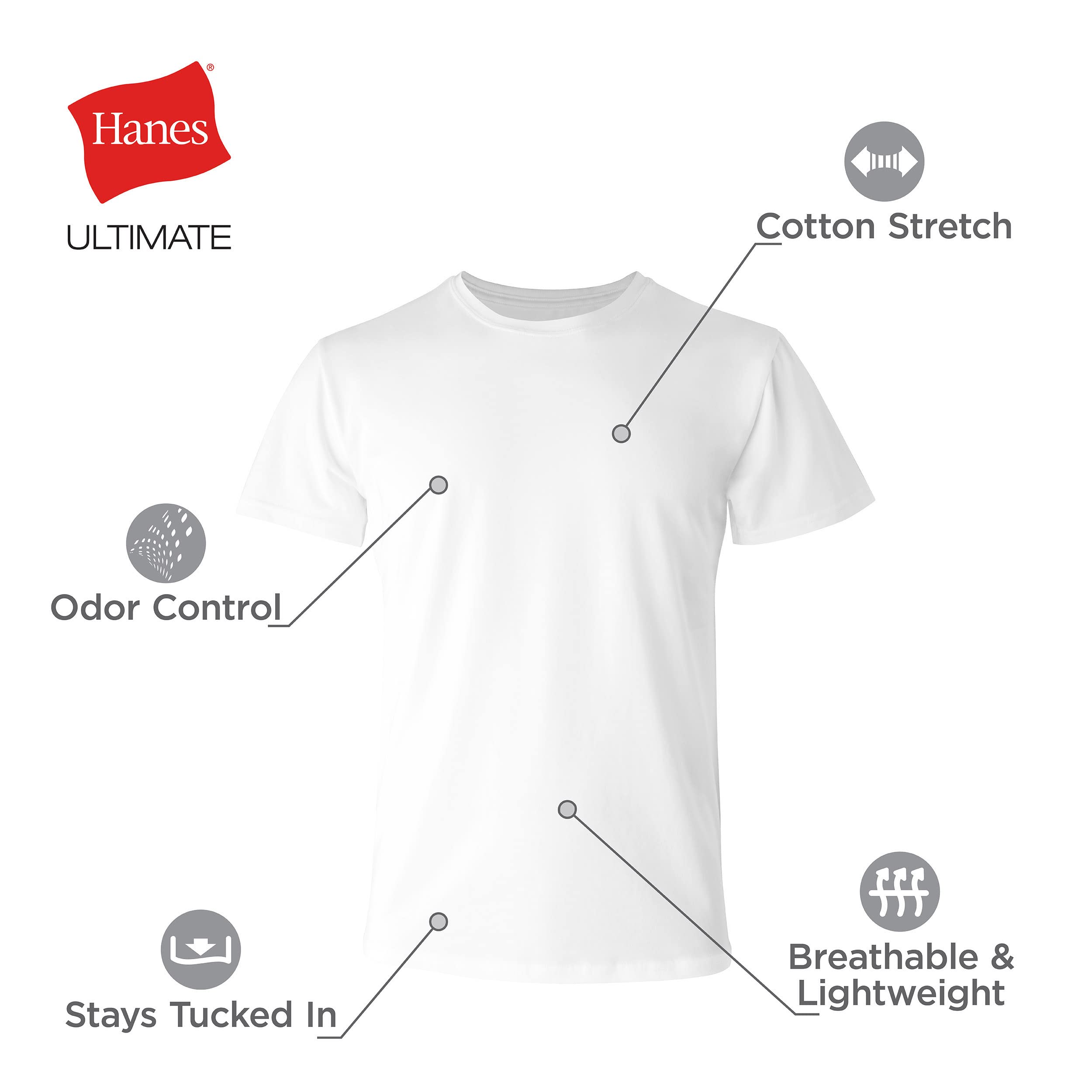 Hanes Ultimate Ultimate Comfort Fit Undershirt, Men’s Crewneck Stretch-Cotton T-Shirt, 4-Pack, White-4 Pack, X-Large