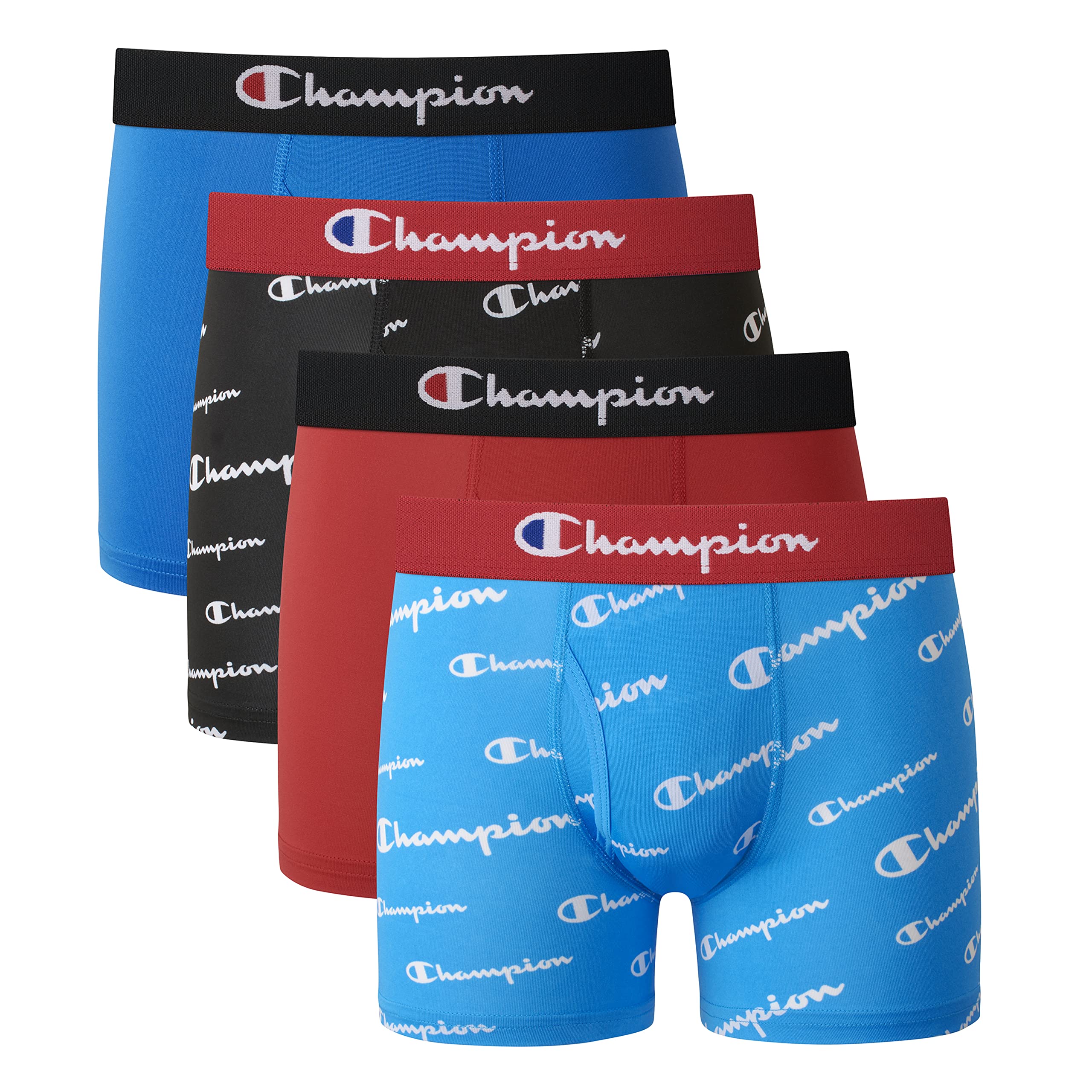 Champion Men's Boys' Underwear, Everyday Active Stretch Boxer Briefs, Assorted 4-Pack, Blue/Red/Scripts, Small