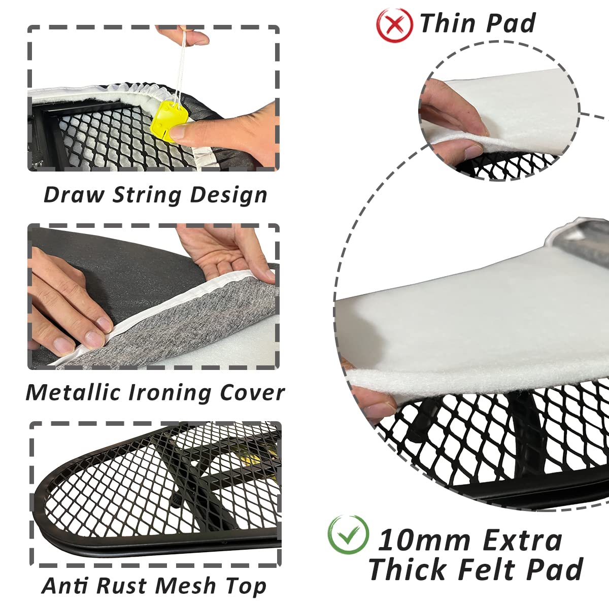 Fayaww 36x12in Table Top Ironing Board, Small Ironing Board with Removable Iron Rest, Metallic Ironing Cover and Thick Felt Pad, Black