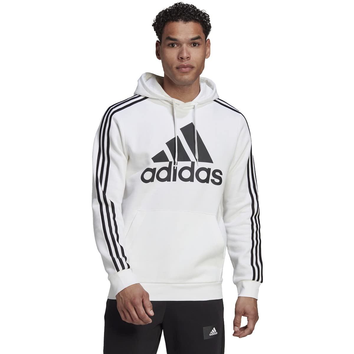 adidas Men's 3-Stripes Fleece Hooded SweatShirt, White-black, Large