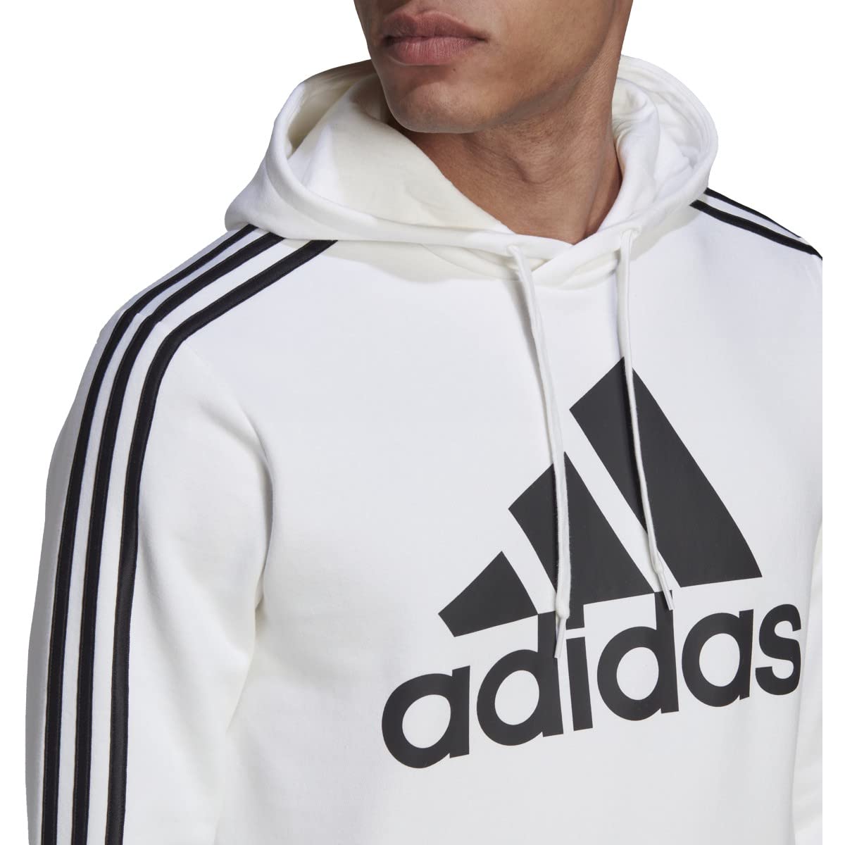 adidas Men's 3-Stripes Fleece Hooded SweatShirt, White-black, Large