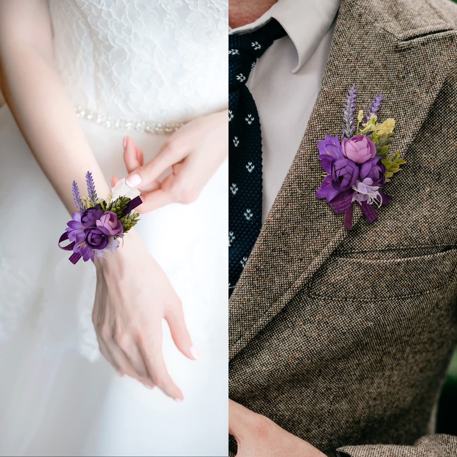 URROMA Wrist Corsage and Boutonniere Set, 1 Set Small Rose Purple Hand Flower for Prom Artificial Wedding Wrist Corsage for Wedding Party Prom