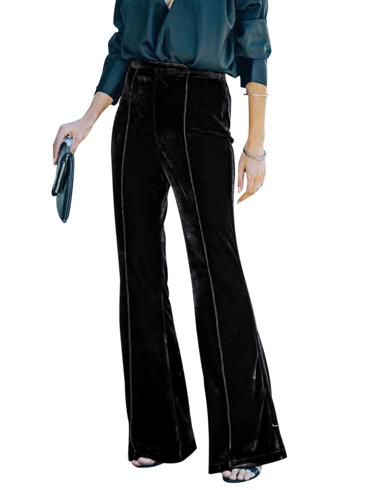 OLYCELAK Women Velvet Elastic High Waisted Wide Flare Leg Palazzo Formal Party Long Pants Black Plus Size XL