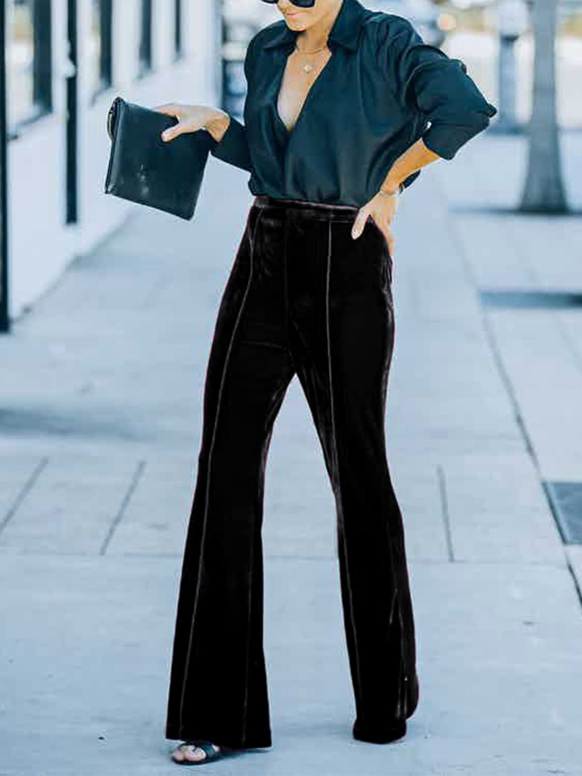 OLYCELAK Women Velvet Elastic High Waisted Wide Flare Leg Palazzo Formal Party Long Pants Black Plus Size XL