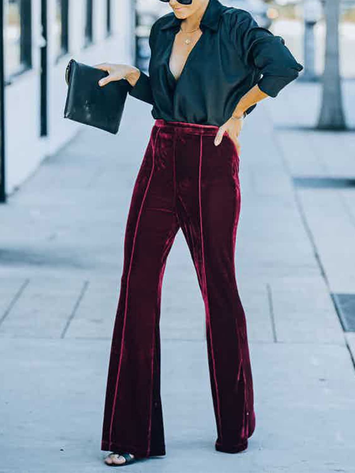 OLYCELAK Women Velvet Elastic High Waisted Wide Flare Leg Palazzo Formal Party Long Pants Wine Red Plus Size XL