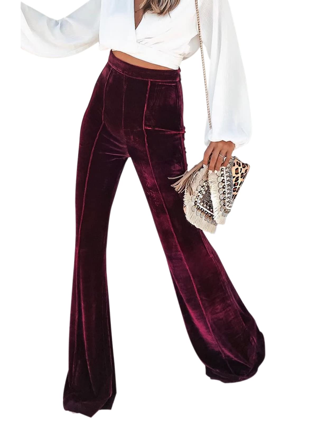 OLYCELAK Women Velvet Elastic High Waisted Wide Flare Leg Palazzo Formal Party Long Pants Wine Red Plus Size XL