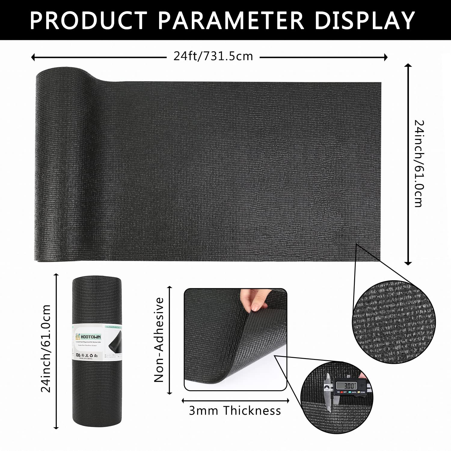 Foam Toolbox Liner Drawer Mat 1/8 Inch Thick X 24 Inch Wide X 24 Ft Long Black, No Slip for Protecting Cabinet, Garage, Cart, Tool Box