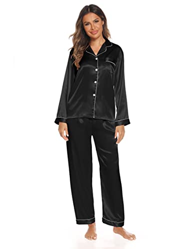 Eilshoji Womens Silk Satin Pajamas Loungewear Two-piece Sleepwear Button-Down Pj Set (Black,XL)