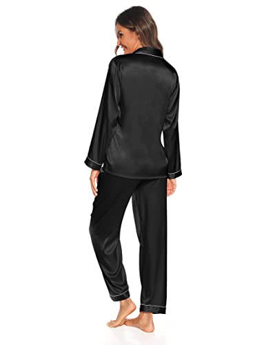 Eilshoji Womens Silk Satin Pajamas Loungewear Two-piece Sleepwear Button-Down Pj Set (Black,XL)