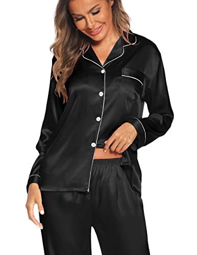 Eilshoji Womens Silk Satin Pajamas Loungewear Two-piece Sleepwear Button-Down Pj Set (Black,XL)