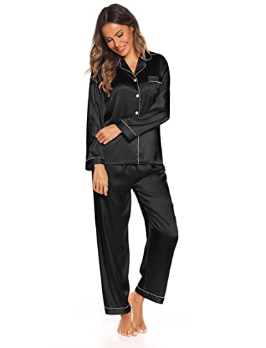 Eilshoji Womens Silk Satin Pajamas Loungewear Two-piece Sleepwear Button-Down Pj Set (Black,XL)