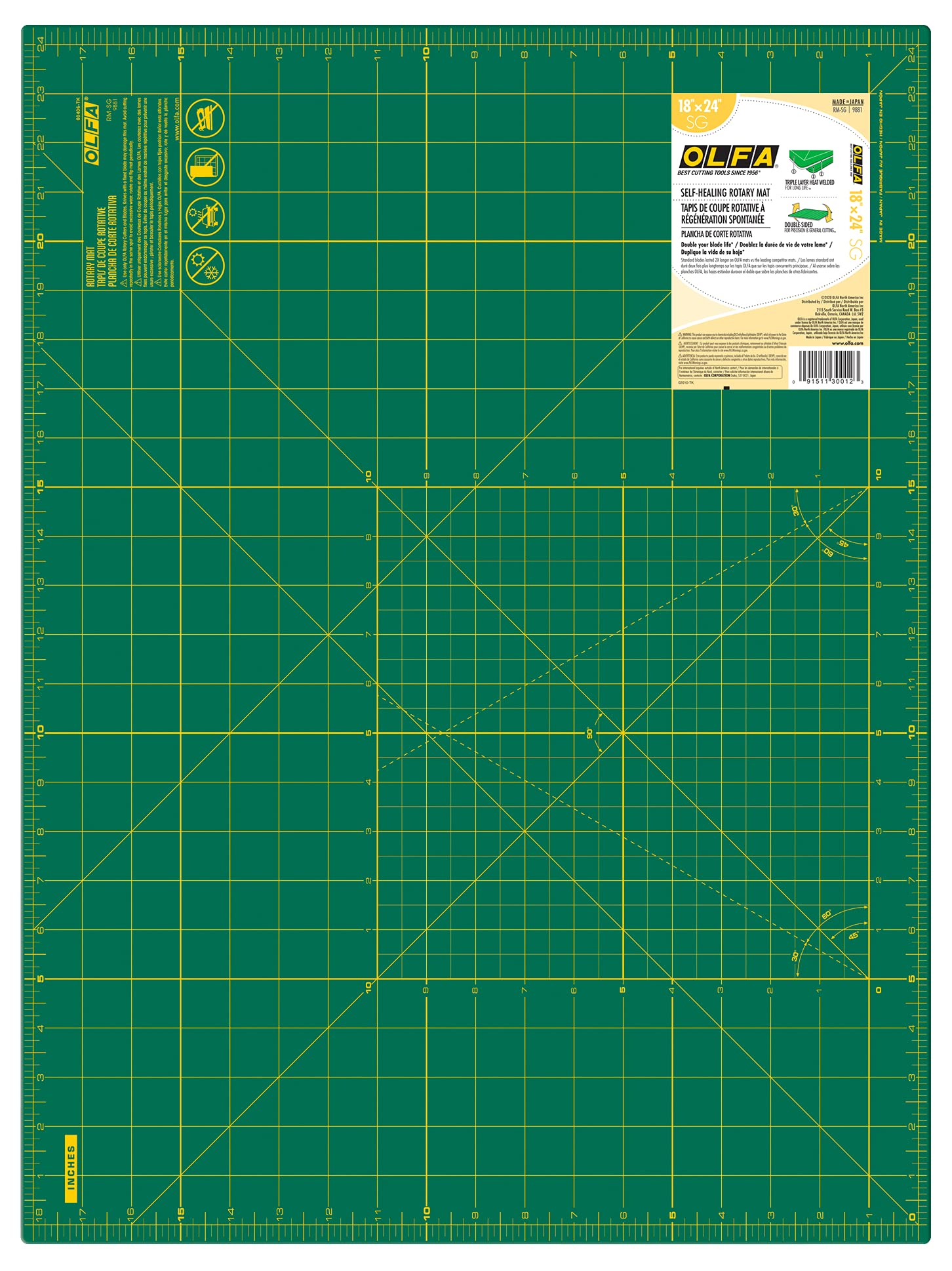 OLFA 18" x 24" Self Healing Rotary Cutting Mat (RM-SG) (Green) & 45mm Quick-Change Rotary Cutter (RTY-2/C) - Rotary Fabric Cutter w/Blade Cover (Aqua)