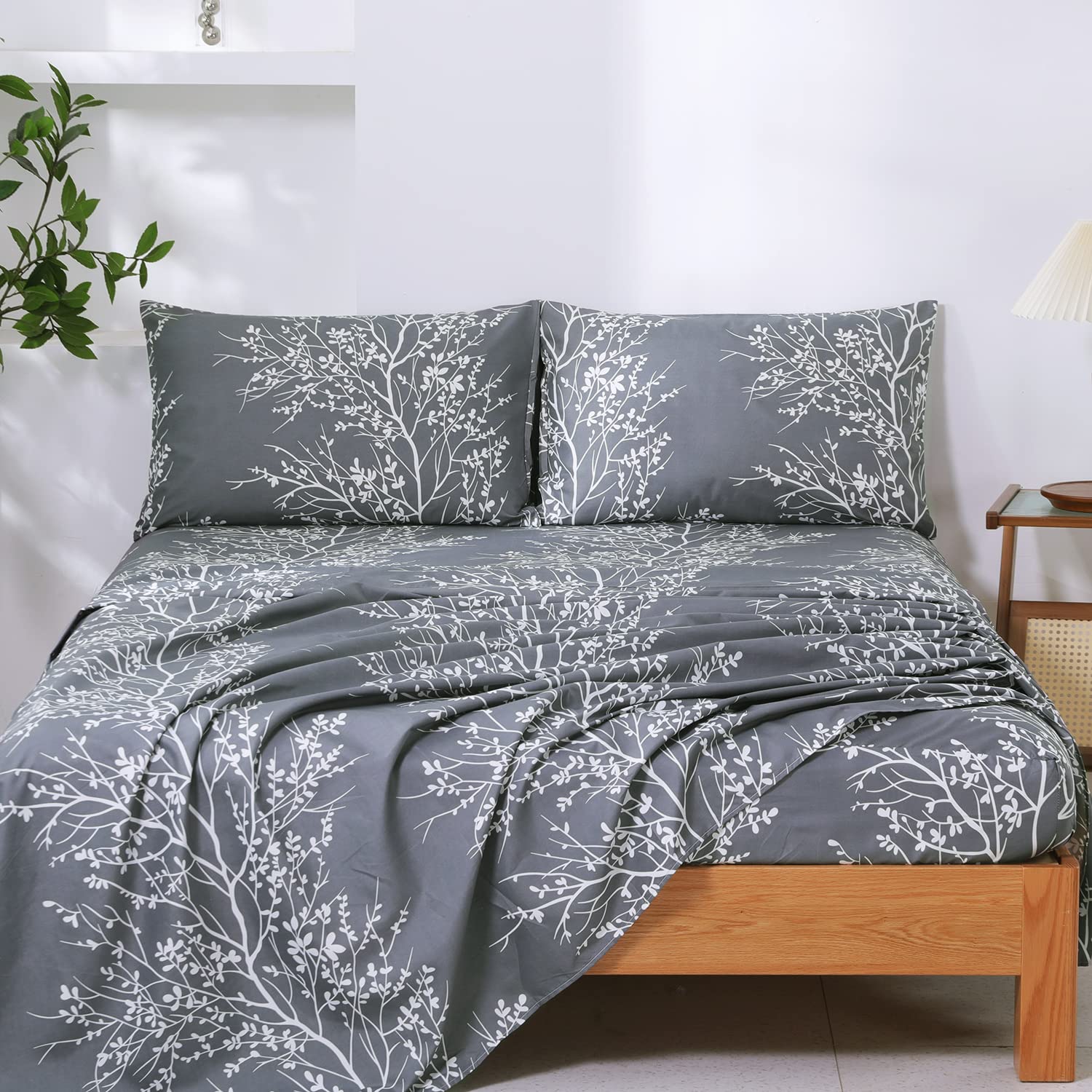 Vaulia Soft Microfiber Blossom Branches and Floral Print Bed Sheet Sets, White/Grey Color Twin Size (1 Flat Sheet 1 Fitted Sheet 2 Pillowcases)