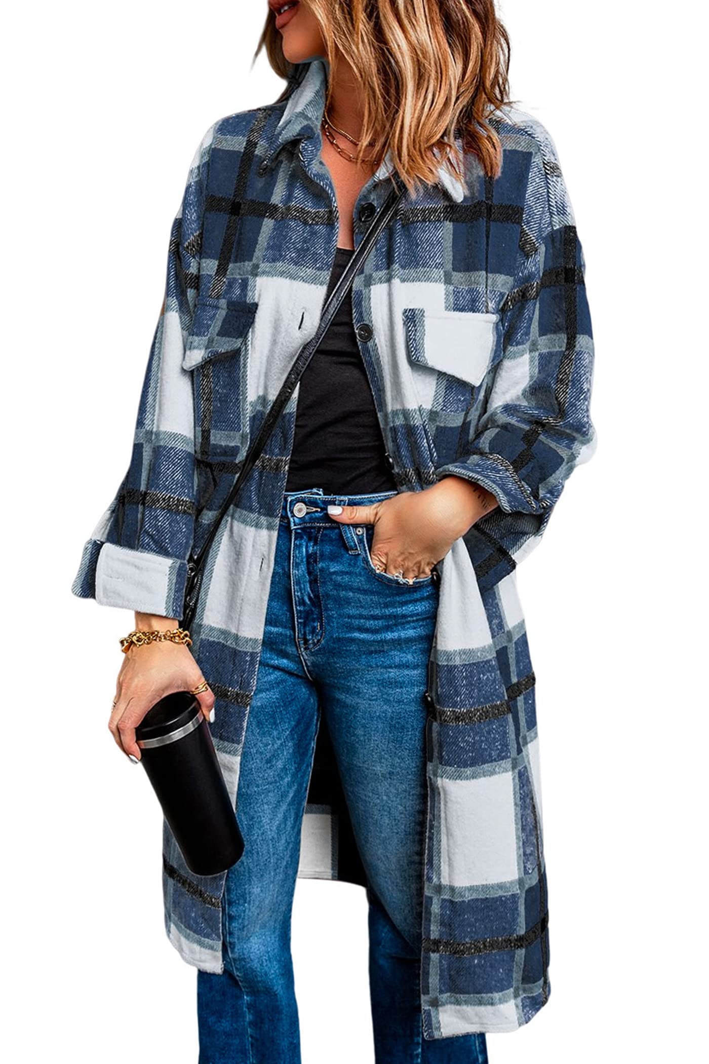 PRETTYGARDEN Women's 2025 Plaid Shacket Jacket Long Sleeve Button Down Shirts Fashion Winter Wool Coats (Navy,Medium)