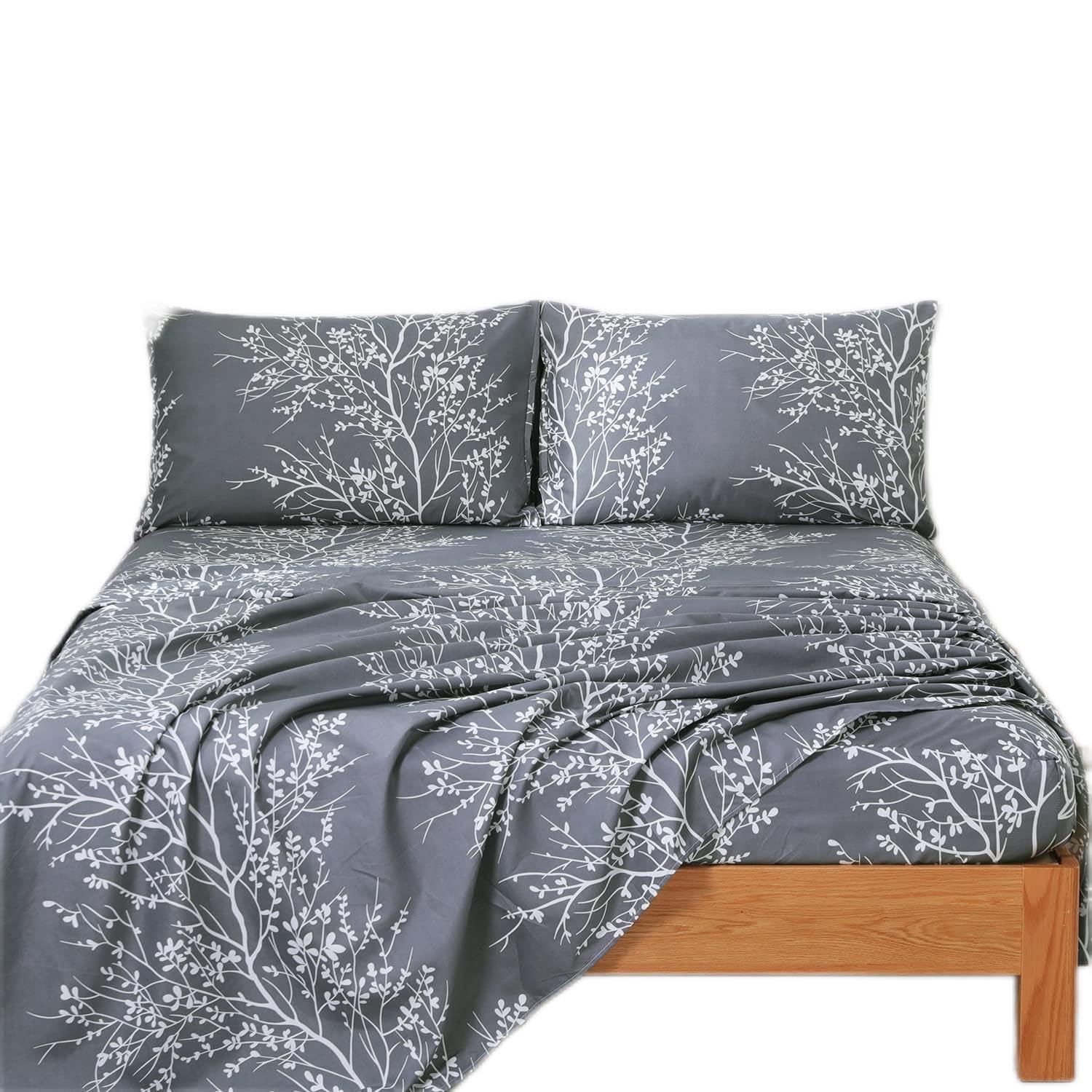 Vaulia Soft Microfiber Blossom Branches and Floral Print Bed Sheet Sets, White/Grey Color Twin Size (1 Flat Sheet 1 Fitted Sheet 2 Pillowcases)