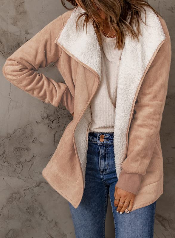 Dokotoo Womens Winter Warm Long Sleeve Open Front Fleece Jacket Stand Collar Sherpa Lined Outerwear Fashion Thicken Coats Jackets for Women 2024,L,Apricot