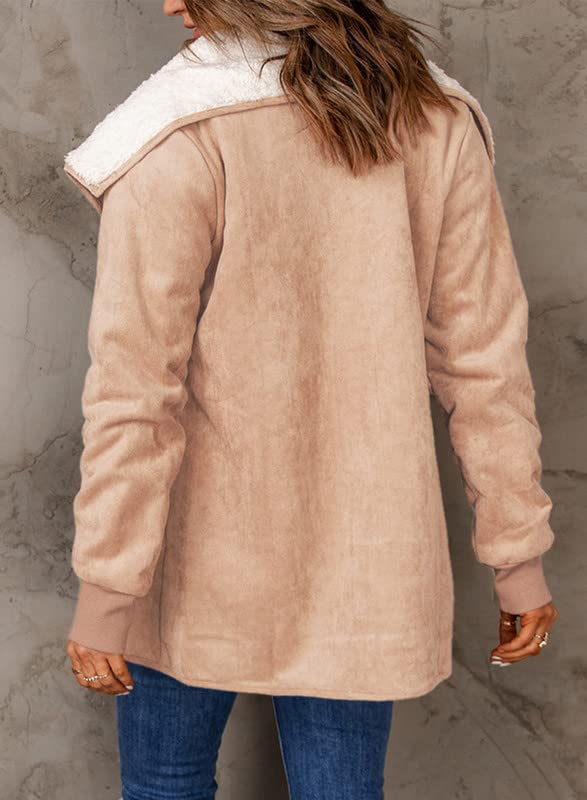 Dokotoo Womens Winter Warm Long Sleeve Open Front Fleece Jacket Stand Collar Sherpa Lined Outerwear Fashion Thicken Coats Jackets for Women 2024,L,Apricot