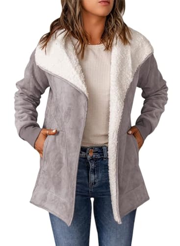 Dokotoo Womens Winter Warm Long Sleeve Open Front Fleece Jacket Stand Collar Sherpa Lined Outerwear Fashion Thicken Faux Suede Coats Jackets for Women 2024,XL,Gray