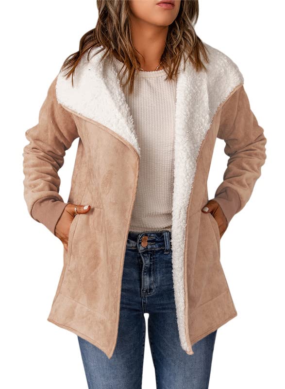 Dokotoo Womens Winter Warm Long Sleeve Open Front Fleece Jacket Stand Collar Sherpa Lined Outerwear Fashion Thicken Coats Jackets for Women 2024,L,Apricot