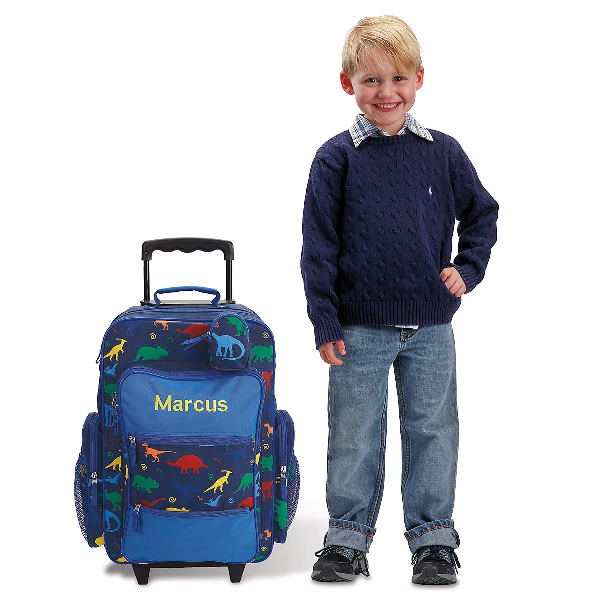 Lillian Vernon Personalized Rolling Luggage for Kids, 5-Pocket Dinosaur Suitcase Set With Clip-On Pouch, Customizable Boys Travel Carrier on Wheels, 6W x 15.5L x 23”H